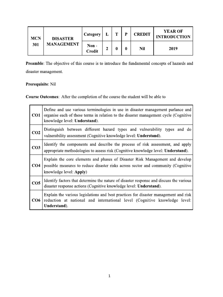 MCN301 Disaster Management Syllabus | PDF
