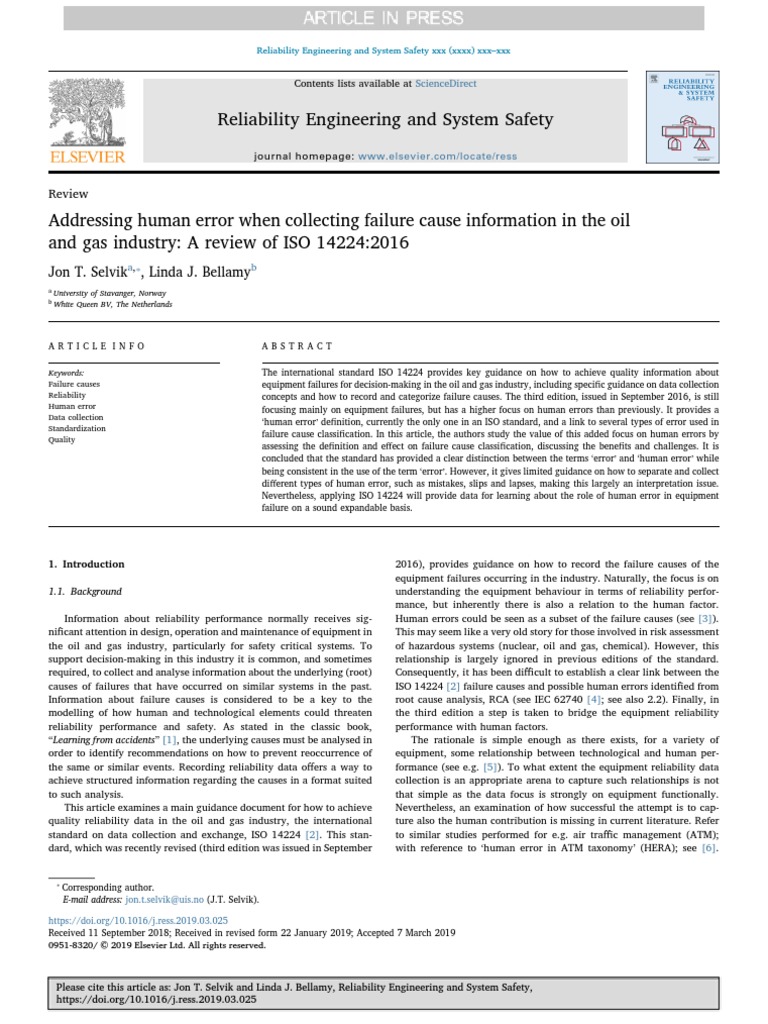 Reliability Engineering and System Safety: Jon T. Selvik, Linda J ...