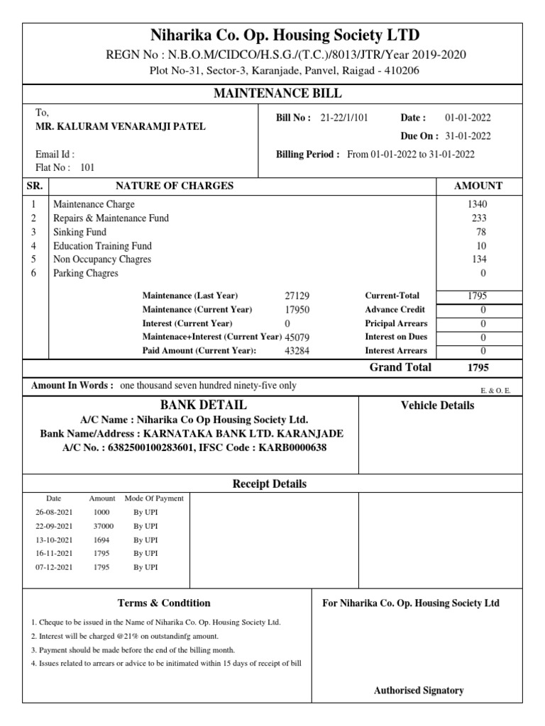 Niharika Housing Society Maintenance Bill | PDF | Cheque | Payments