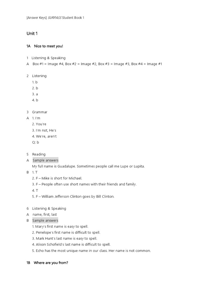 Unit 1: (Answer Keys) Student Book 1 | PDF | Lunch