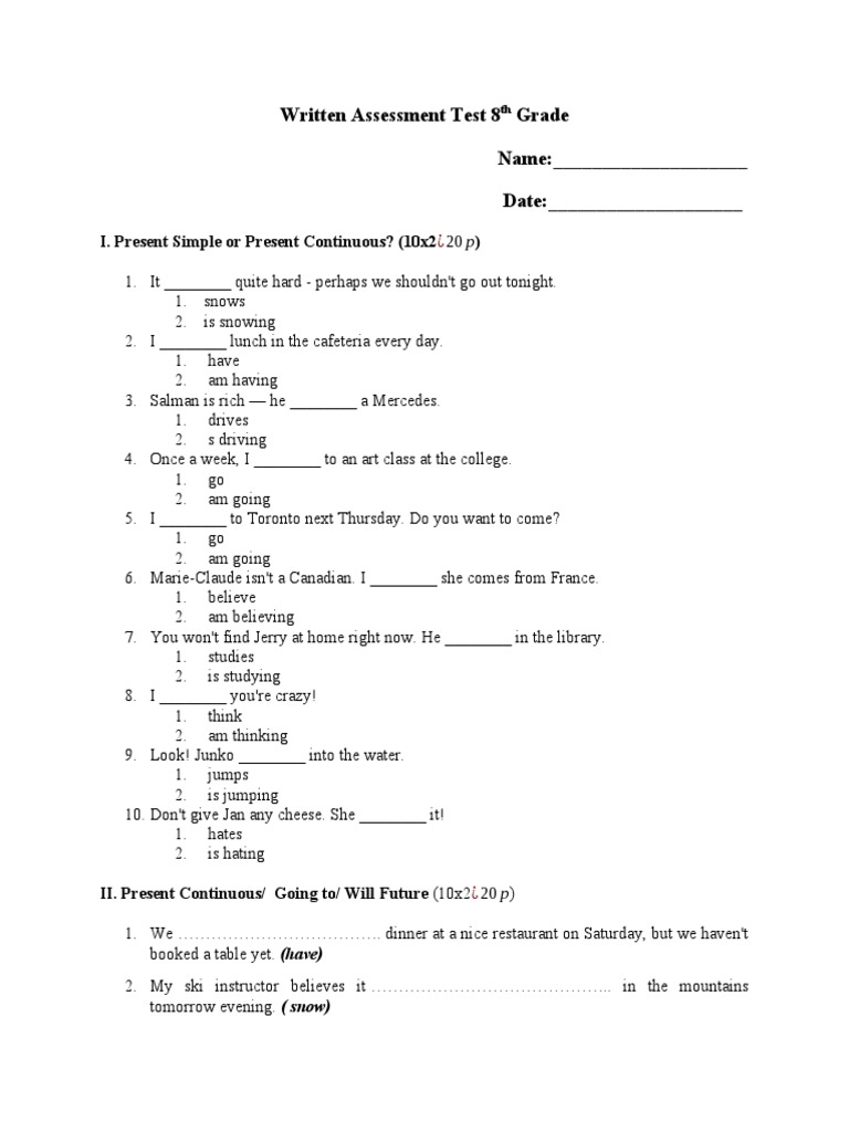 Written Assessment Test 8th Grade | PDF | Language Arts & Discipline ...