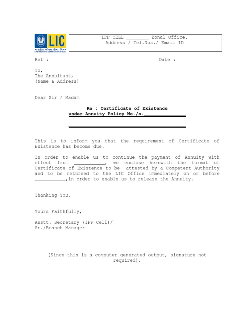 Lic Existence Certificate Format | PDF