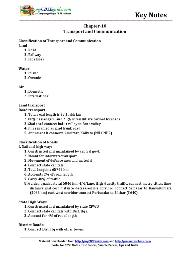 Class 12 Transport and Communication Notes | PDF | Transport