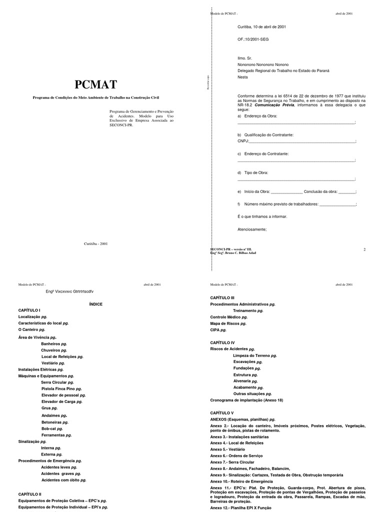 Modelo de PCMAT - BLOG SEGURANÇA DO TRABALHO | PDF