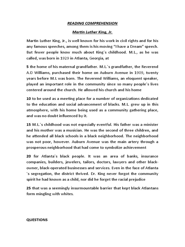 Reading Comprehension Martin Luther King, JR | PDF | Martin Luther King ...