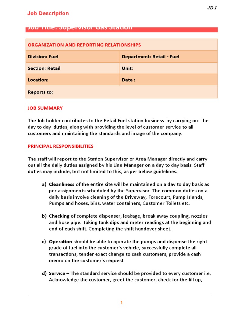 JD - Gas Station Supervisor | PDF | Filling Station | Business
