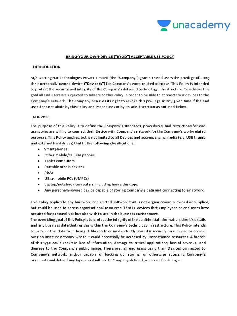 Bring-Your-Own-Device ("Byod") Acceptable Use Policy | PDF | Computer ...