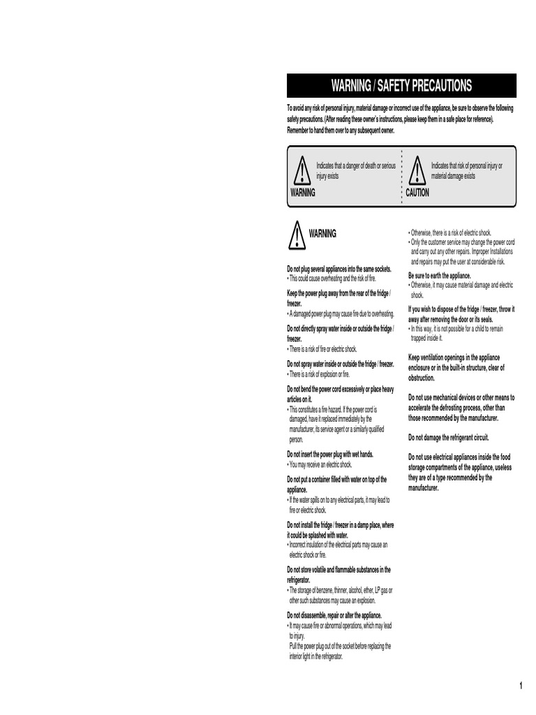 Warning / Safety Precautions | PDF | Refrigerator | Ac Power Plugs And ...