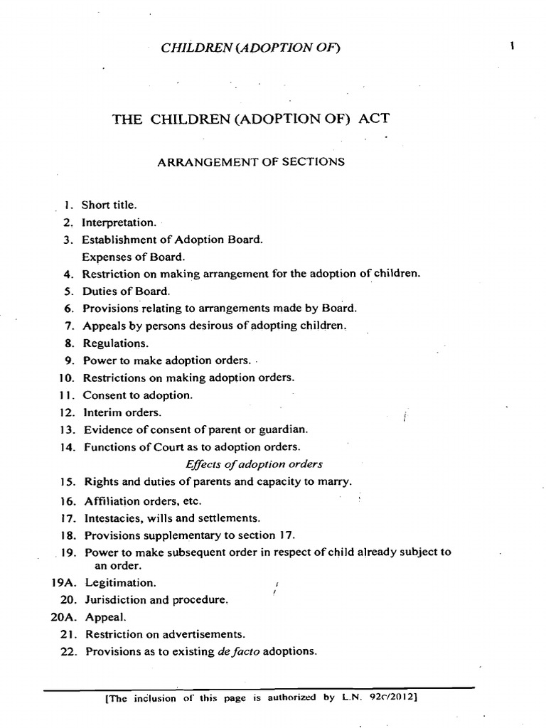 Children (Adoption Of) Act | PDF | Child Custody | Adoption