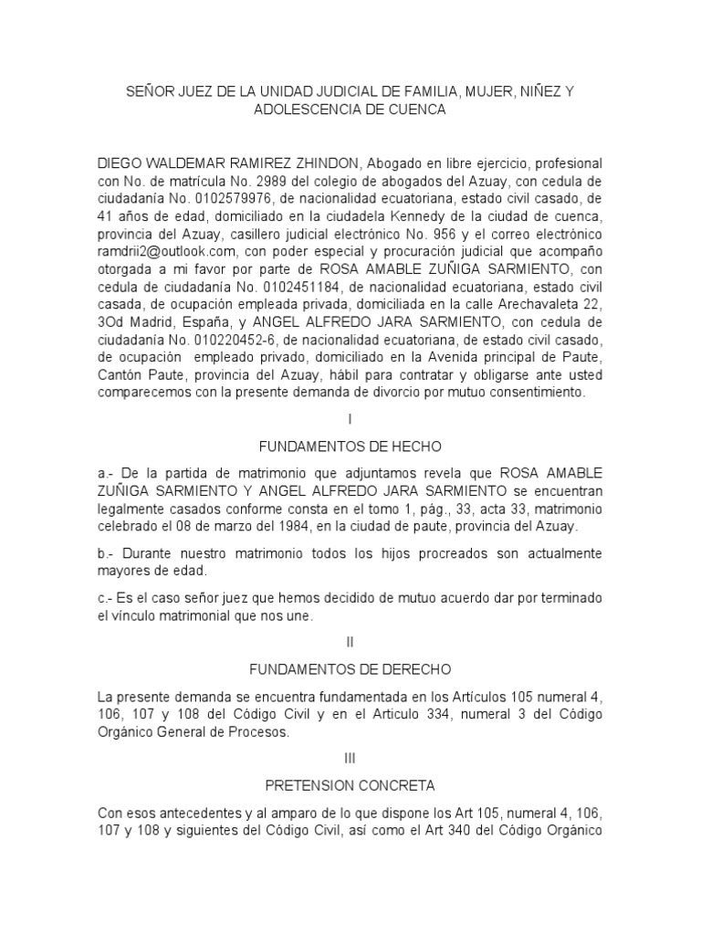 Divorsio Mutuo Consentimiento Rosa Amable y Angel Jara | PDF ...