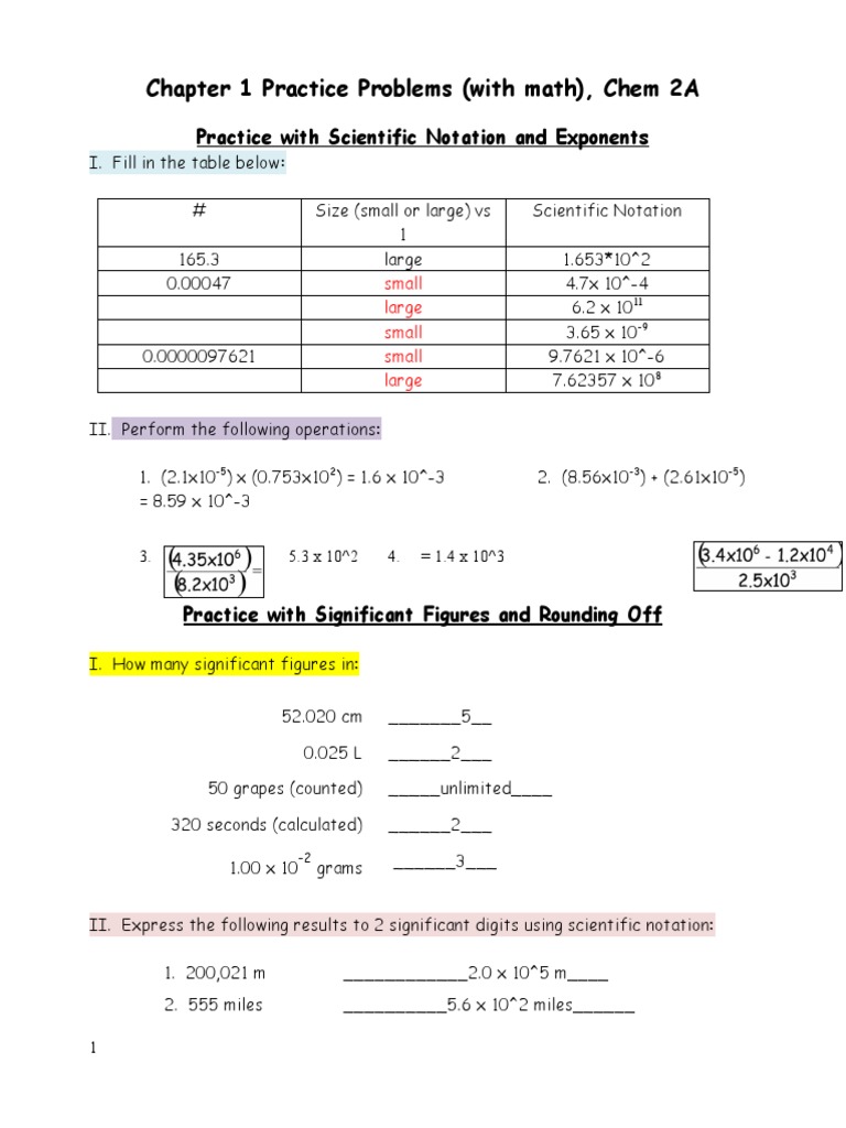 Practice Problems in Scientific Notation, Significant Figures, Unit ...