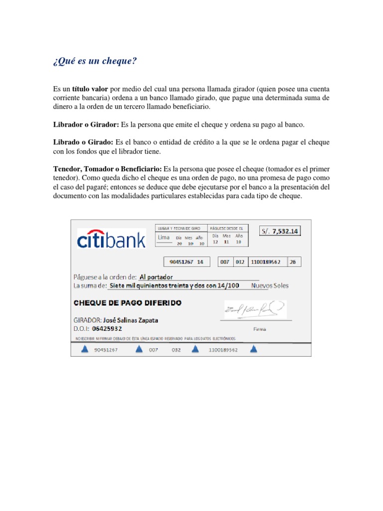 Cheque Concepto y Ejemplo. | PDF | Cheque | Bancos