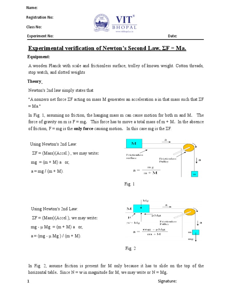 Verify Newton's Second Law Experiment | PDF | Force | Mass