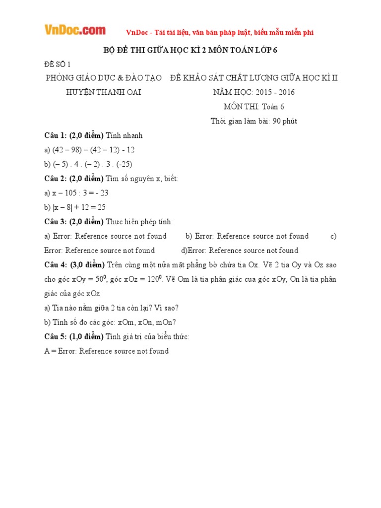 Bo de Thi Giua hk2 Mon Toan Lop 6 | PDF