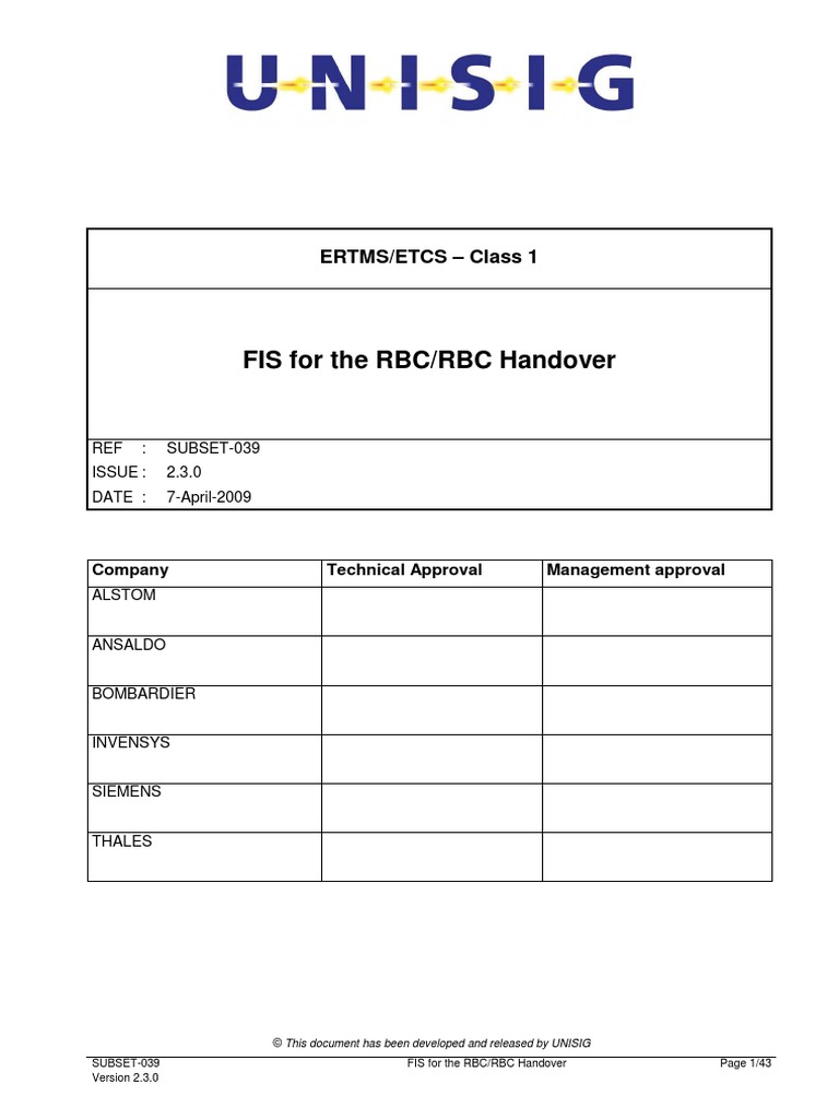 FIS For The RBC/RBC Handover: ERTMS/ETCS - Class 1 | PDF | Transmission ...