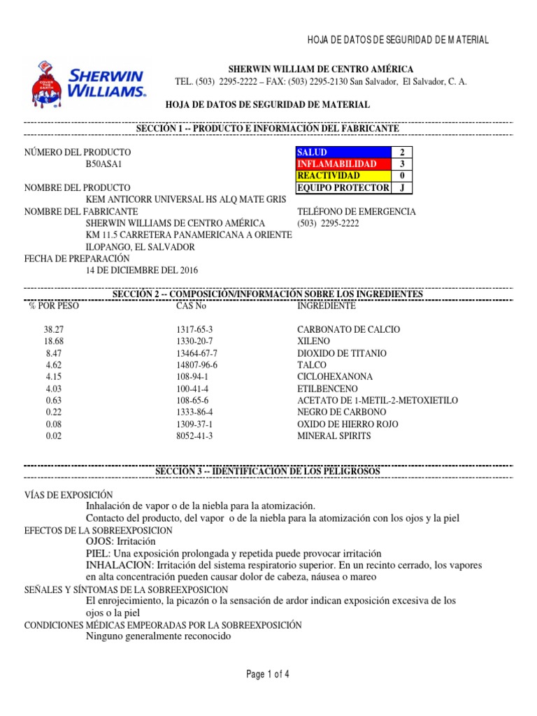 B50asa1 MSDS Español | PDF | Agua | Administración de Seguridad y Salud ...