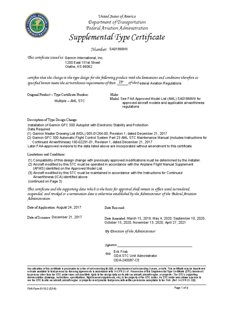 Supplemental Type Certificate: Department of Transportation Federal ...