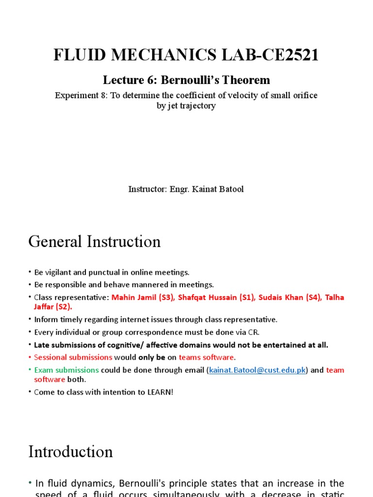 Fluid Mechanics Lab-Ce2521: Lecture 6: Bernoulli's Theorem | Download ...