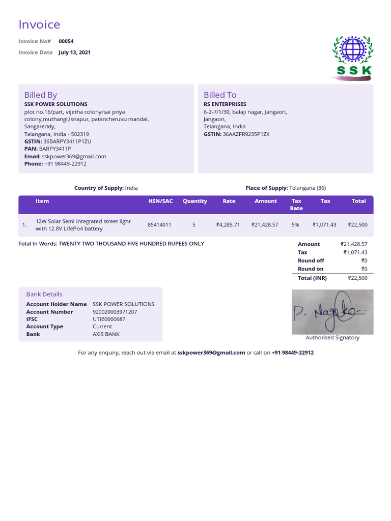 Invoice 00054 SSK Power Solutions Rs Enterprises | PDF