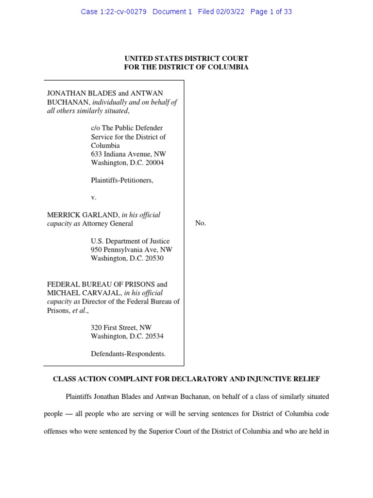Public Defender Service For DC Lawsuit Against BOP Alleging Unequal ...
