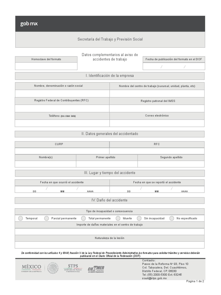 STPS Formato de Datos Complementarios Al Aviso de Accidentes de Trabajo ...