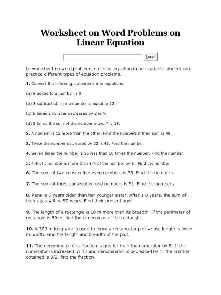 Worksheet On Word Problems On Linear Equation | PDF | Rectangle | Numbers