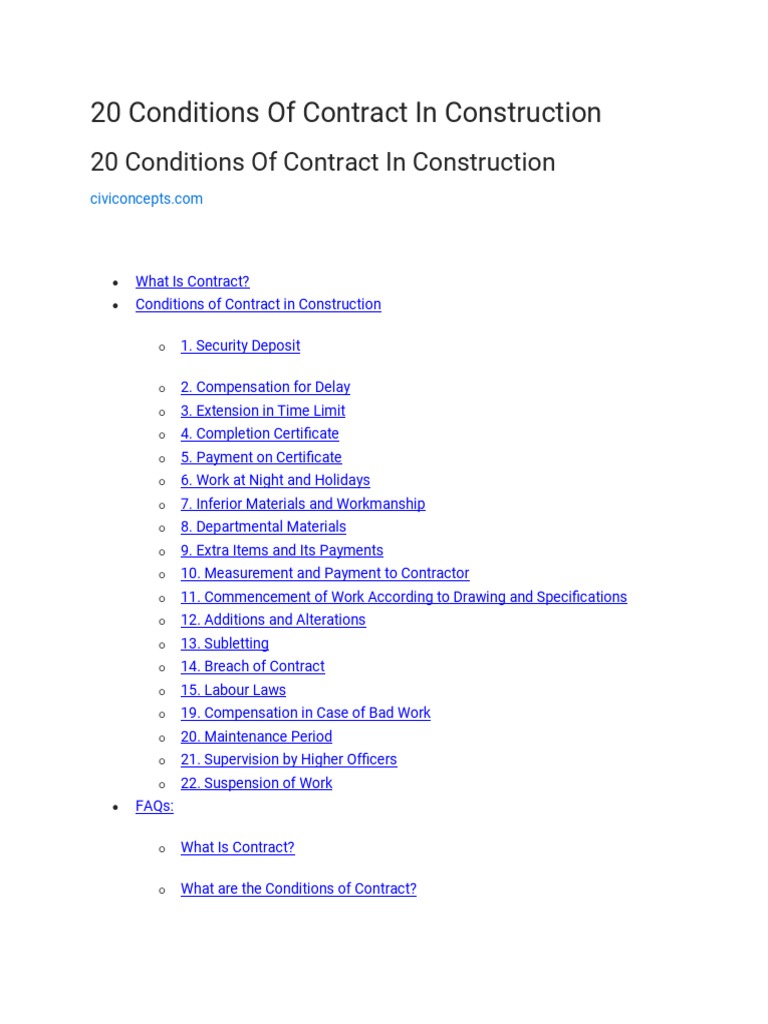 Key Construction Contract Conditions | PDF | Employment | Specification ...