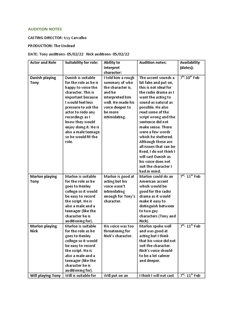 Audition Notes | PDF