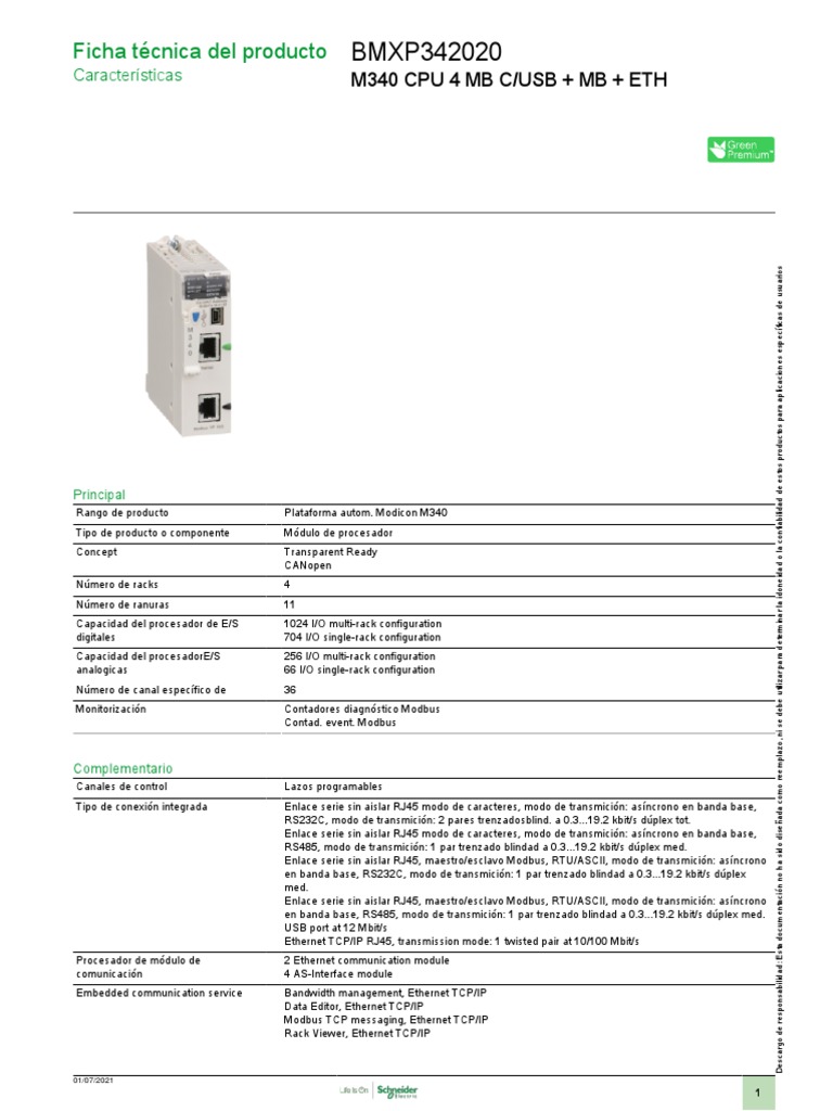 Modicon M340 - BMXP342020 | PDF | Protocolo de Control de Transmisión ...