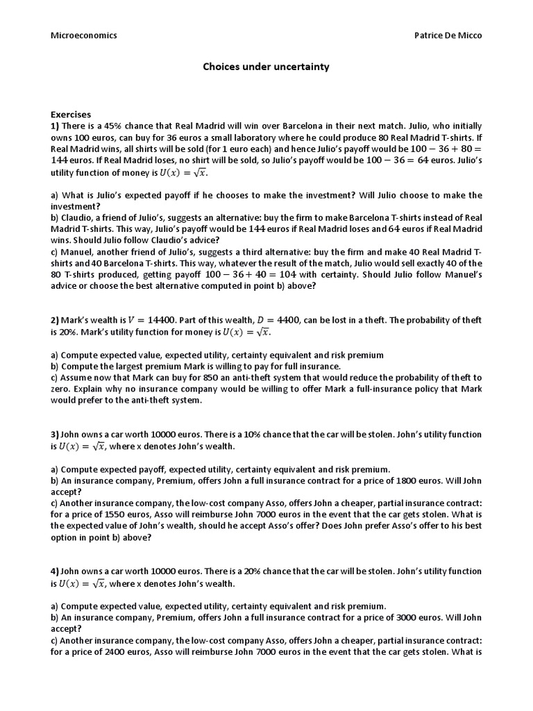 Exercises: Choices Under Uncertainty | PDF | Risk Premium | Utility