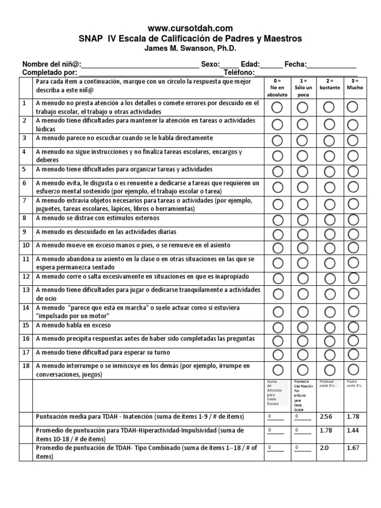 Snap Iv | PDF | Desorden hiperactivo y deficit de atencion | Cognición