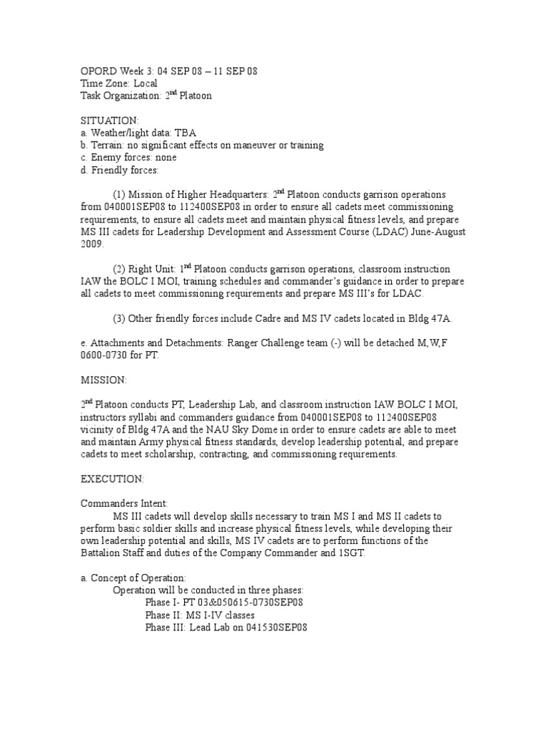 OPORD Week 2 | Platoon | Military Science | Free 30-day Trial | Scribd
