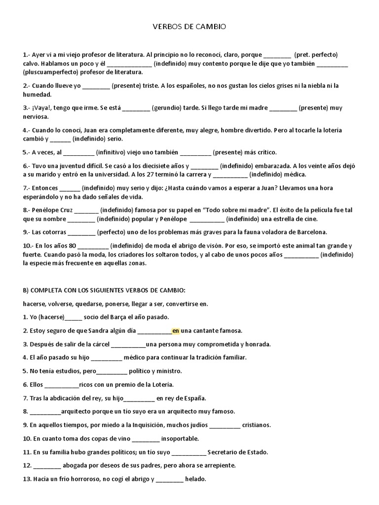 Verbos de Cambio Ejercicios | PDF