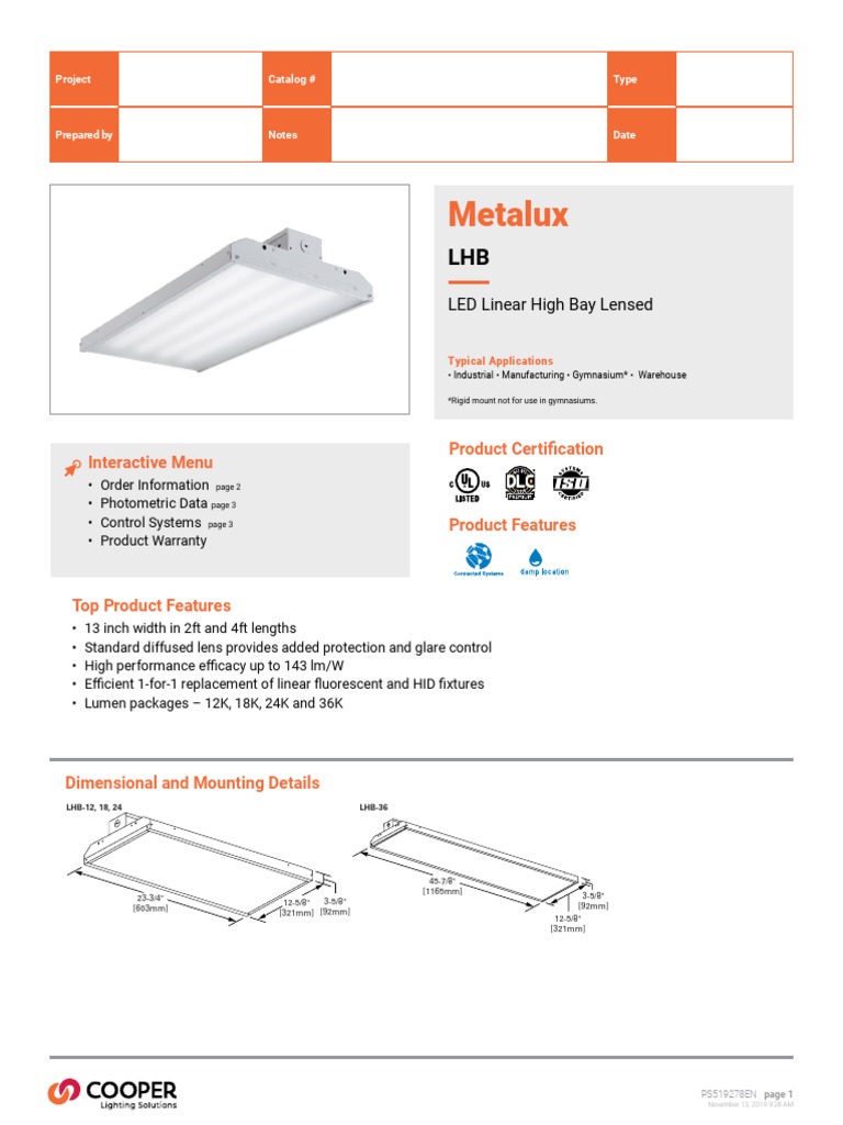 Metalux LHB Led High Bay Specsheet | PDF | Components | Lighting