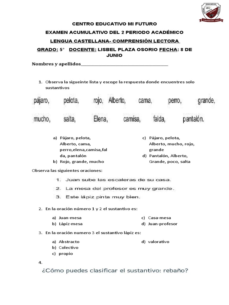 EXAMEN ACUMULATIVO 2 PERIODO Lengua y Comprensión | PDF | Plural | Poesía