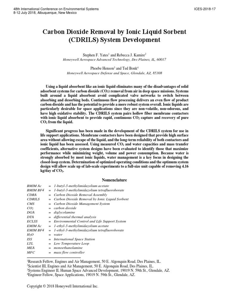 Carbon Dioxide Removal by Ionic Liquid Sorbent (CDRILS) System ...