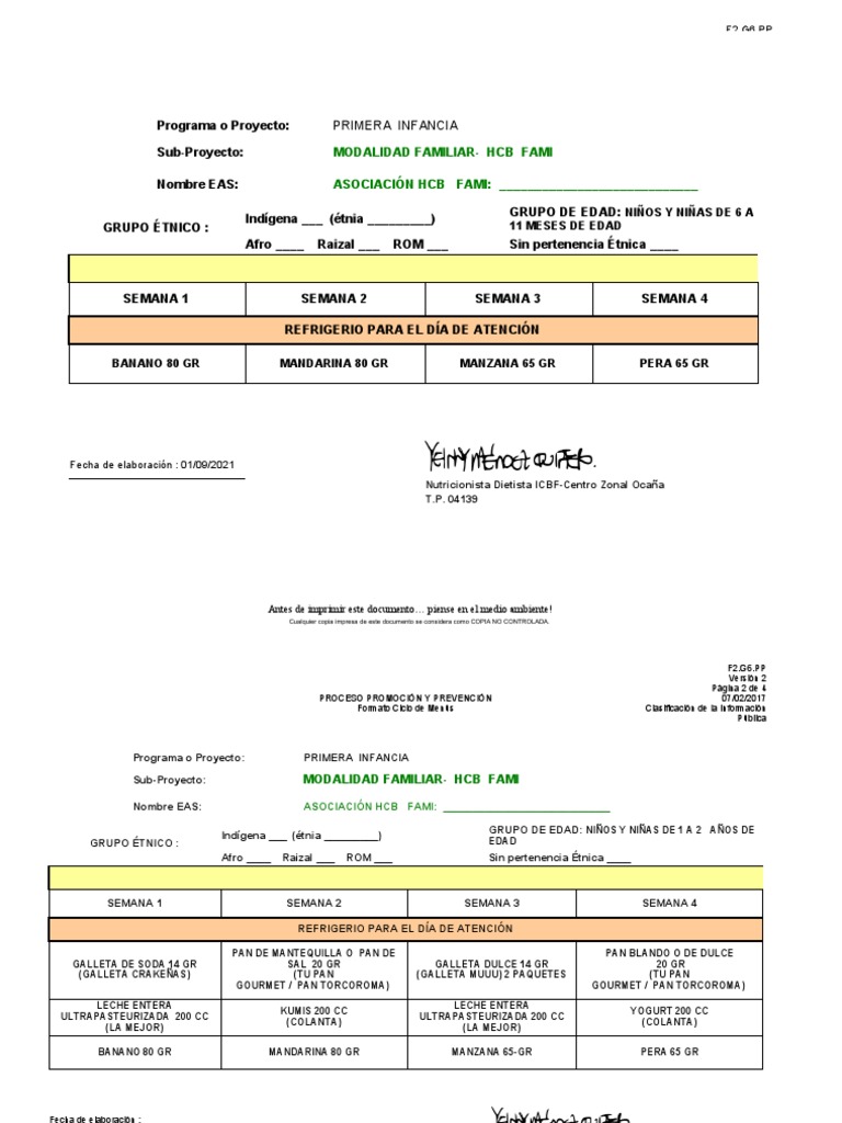 Formato Ciclo de Menús ICBF 2024 | PDF | Cocina | Nutrición