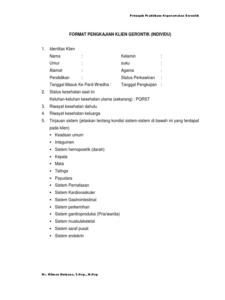 Format Pengkajian Klien Gerontik (Individu) : Petunjuk Praktikum Keperawatan Gerontik | PDF ...