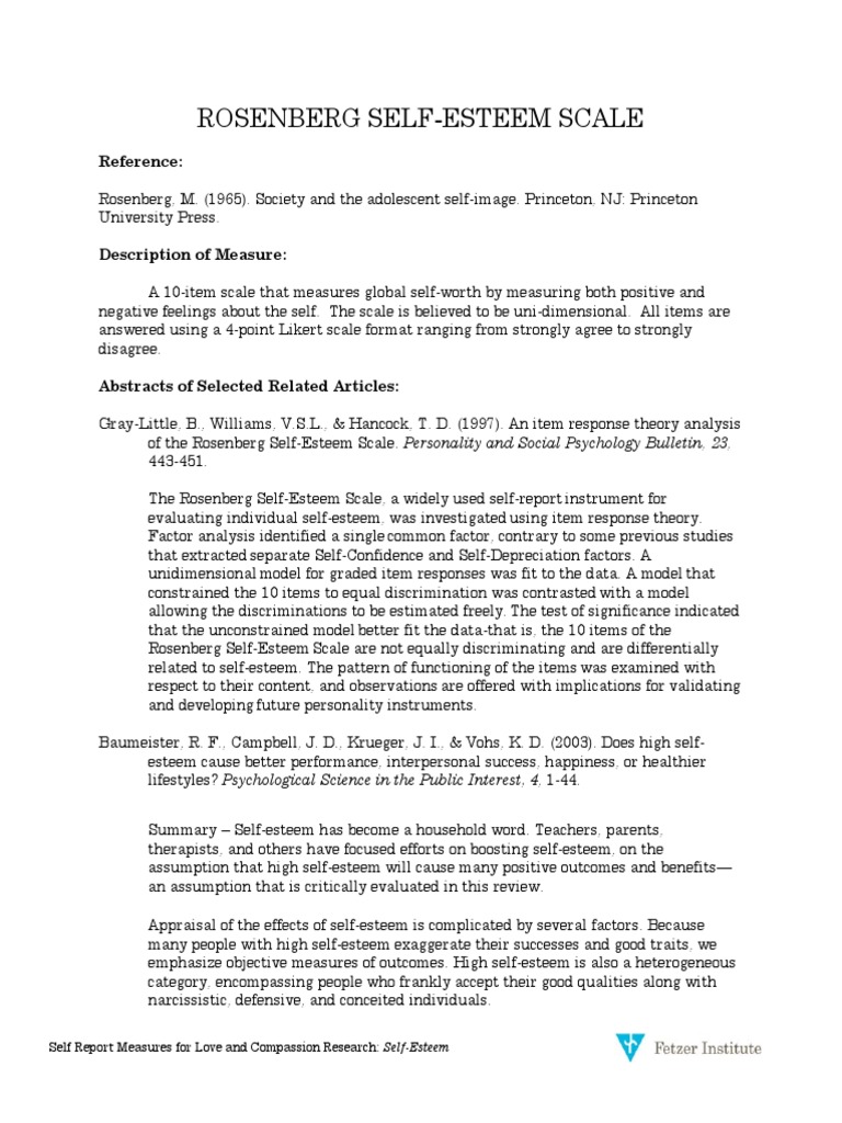 Self Measures For Self-Esteem Rosenberg Self-Esteem | PDF | Self Esteem ...