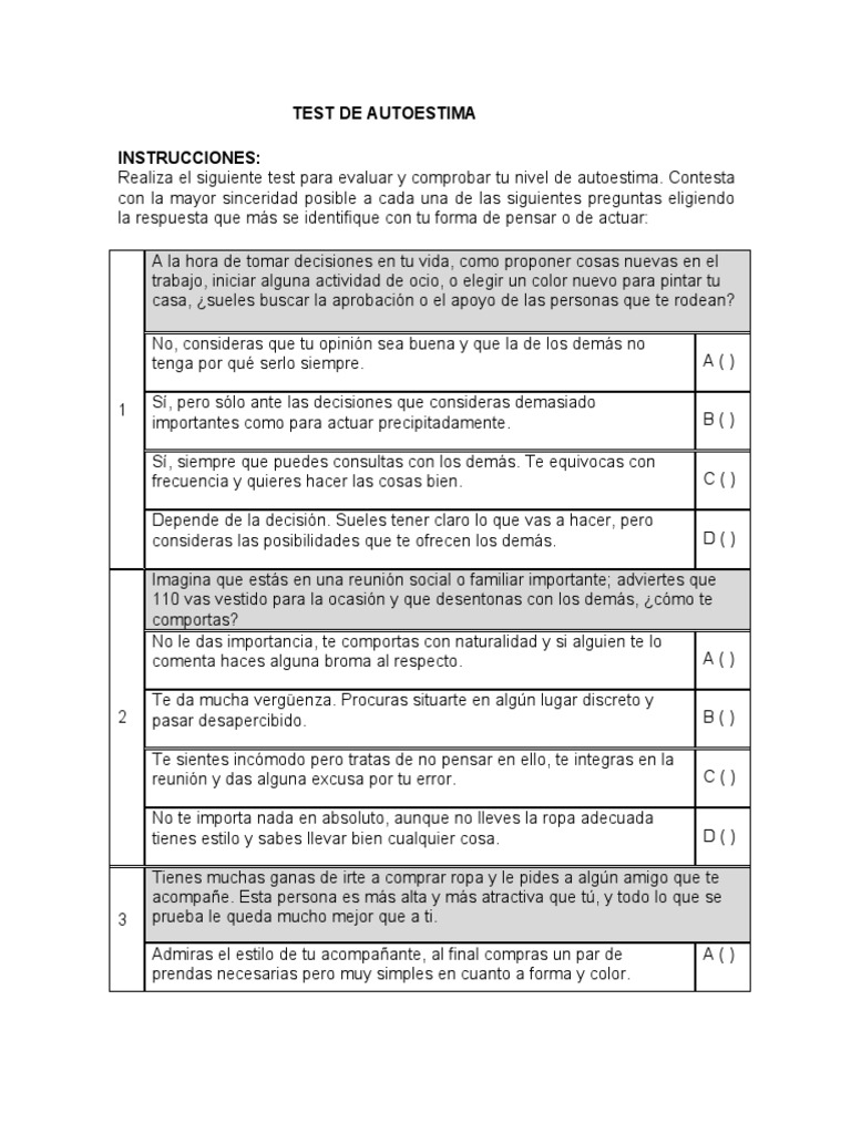 Test de Autoestima | PDF | Autoestima