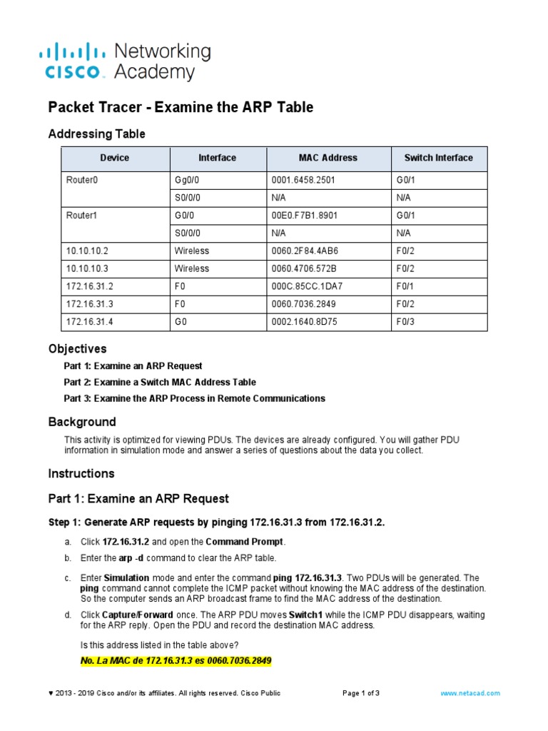 Packet Tracer - Examine The ARP Table | PDF | Information And Communications Technology ...