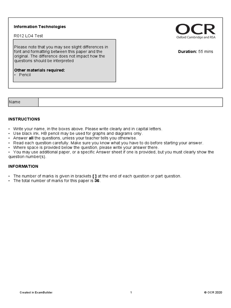 Information Technologies: Created in Exambuilder 1 © Ocr 2020 | PDF ...