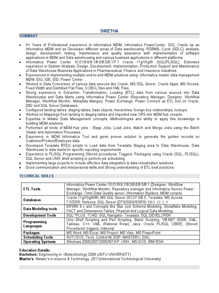 Swetha - Etl - MDM - Developer 2 | PDF | Databases | Data Warehouse