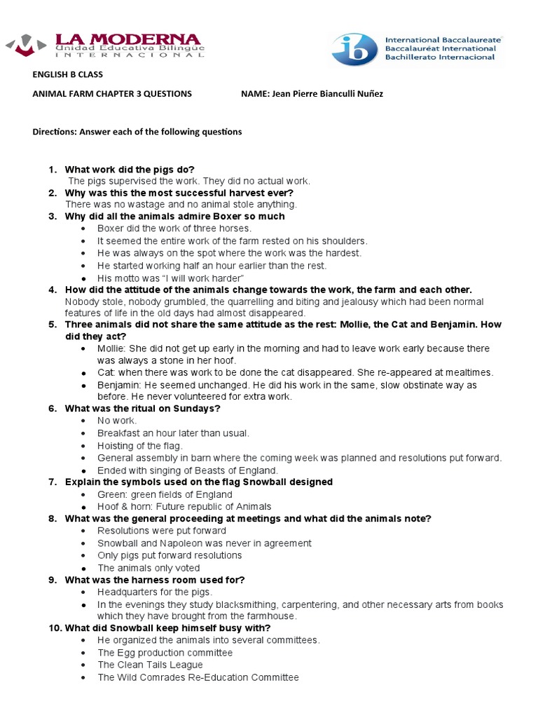 Chapter 3 Questions From Animal Farm | PDF