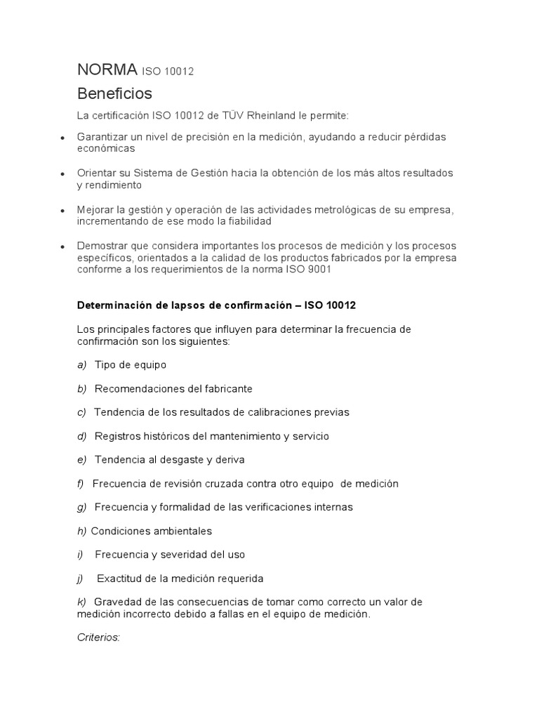 Norma Iso 10012-Beneficios y Lapsos para Confirmacion | PDF | Medición ...
