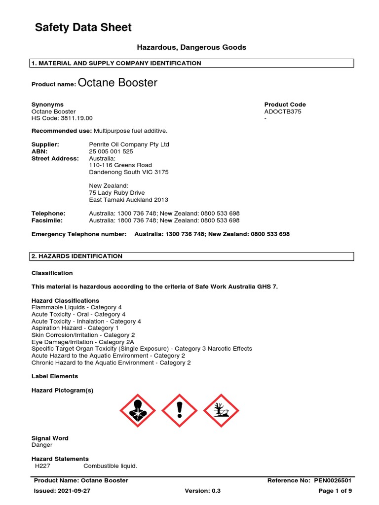 Octane Booster: Safety Data Sheet | PDF | Dangerous Goods | Toxicity