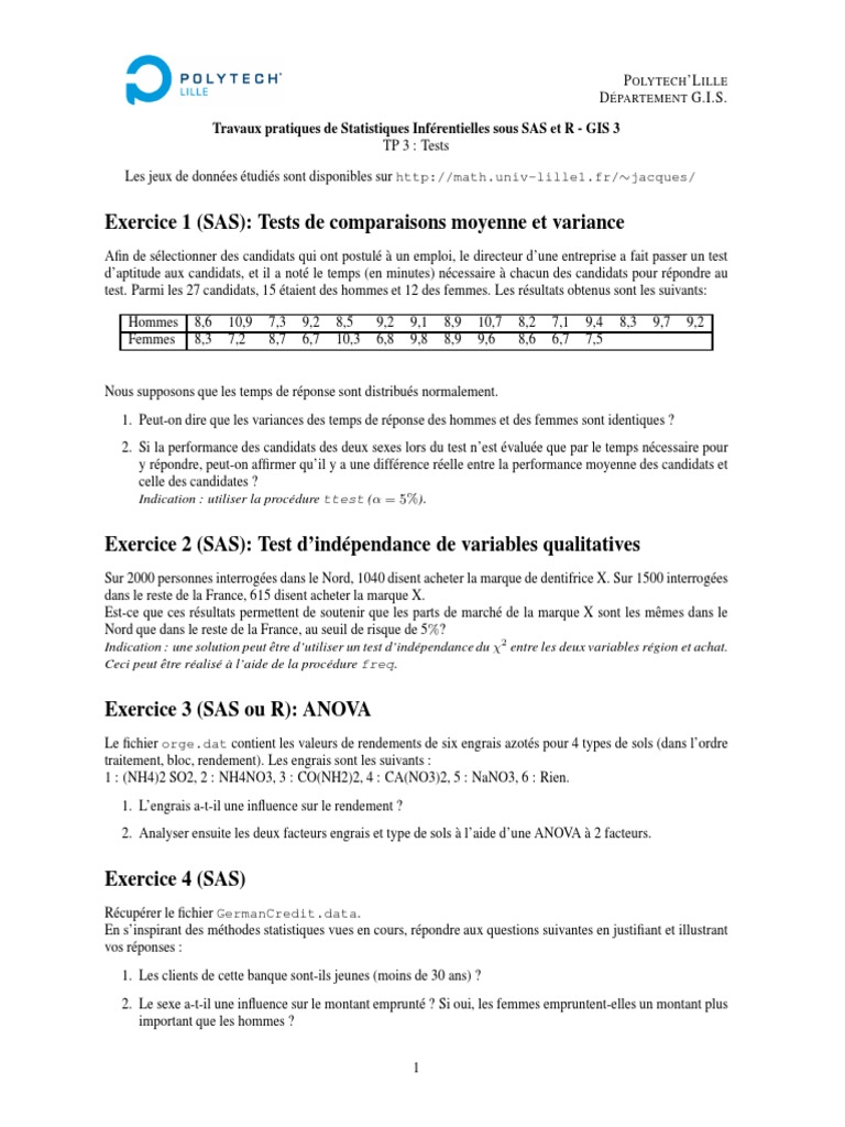 Statistiques inférentielles avec SAS et R | PDF | Analyse de la ...