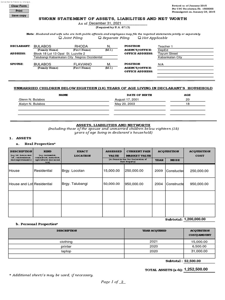 Sworn Statement of Assets and Liabilities | PDF | Economies | Government