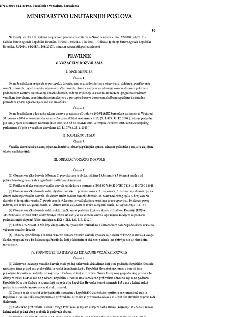 Pravilnik o Vozackim Dozvolama - NN - 2 2019 | PDF
