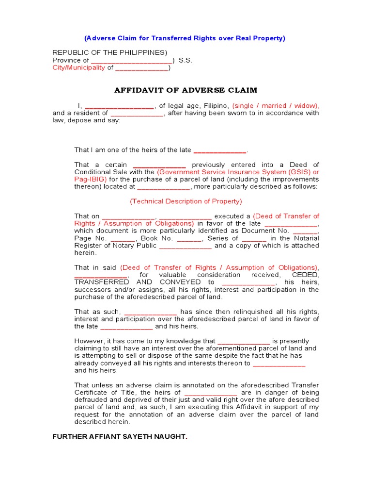 Affidavit of Adverse Claim Template | PDF | Affidavit | Deed